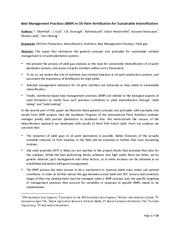 (PDF) Best Management Practices (BMP) in Oil Palm Fertilization for Sustainable Intensification