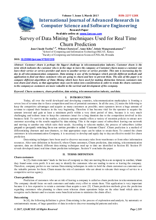 Pdf Survey Of Data Mining Techniques Used For Real Time Churn Prediction