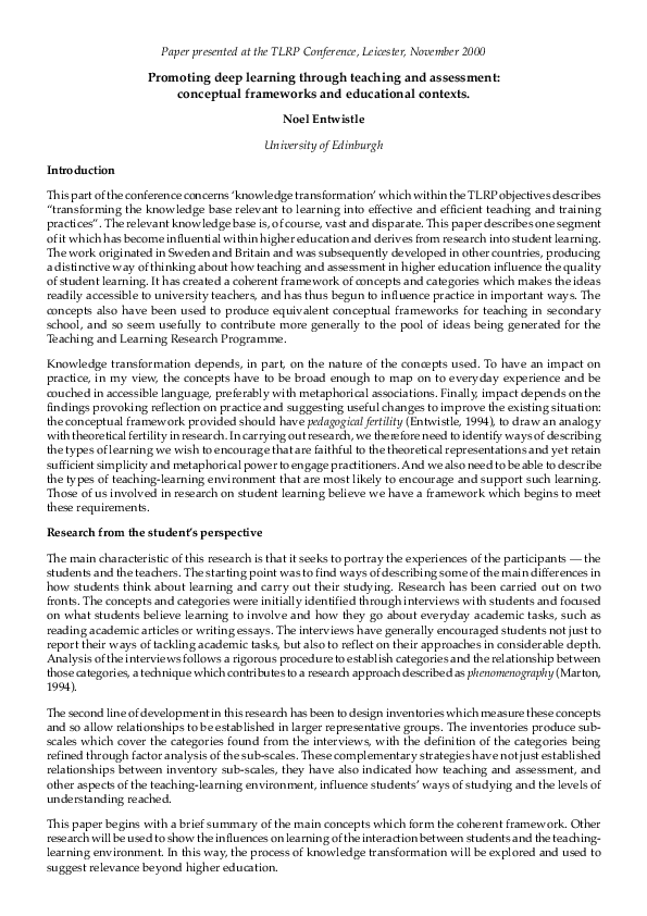 Pdf Promoting Deep Learning Through Teaching And Assessment Conceptual Frameworks And