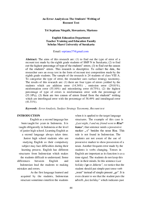 (PDF) An Error Analysis on The Students’ Writing of Recount Text