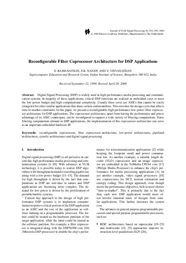 Pdf Reconfigurable Filter Coprocessor Architecture For Dsp Applications