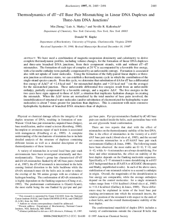 (PDF) Thermodynamics of dT−dT Base Pair Mismatching in Linear DNA ...