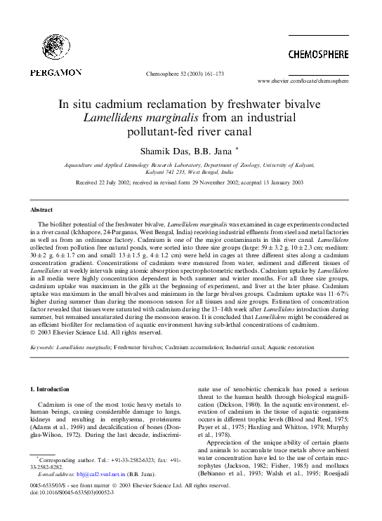 (PDF) In situ cadmium reclamation by freshwater bivalve Lamellidens ...
