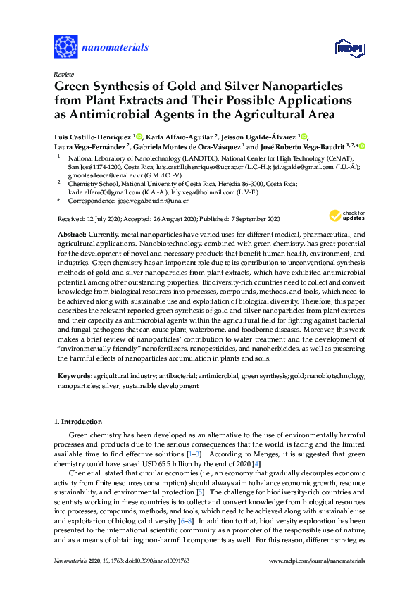 (PDF) Green Synthesis of Gold and Silver Nanoparticles from Plant Extracts and Their Possible ...