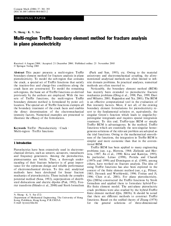 (PDF) Multi-region Trefftz boundary element method for fracture analysis in plane piezoelectricity
