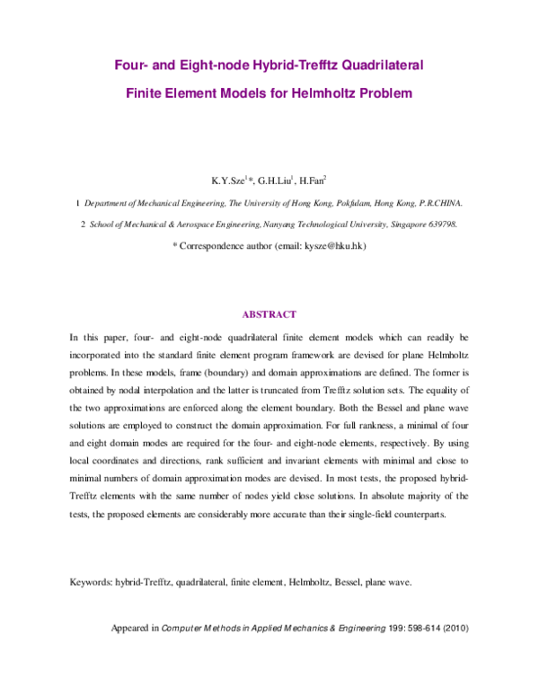 Pdf Four And Eight Node Hybrid Trefftz Quadrilateral Finite Element Models For Helmholtz