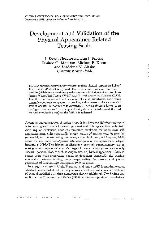 (PDF) Development and validation of the Physical Appearance State and Trait Anxiety Scale (PASTAS)