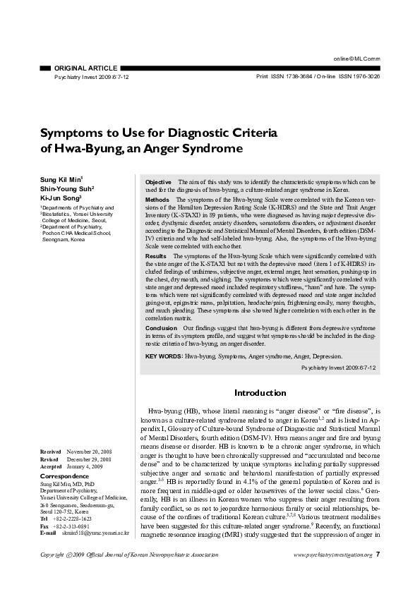 (PDF) Symptoms to use for diagnostic criteria of hwa-byung, an anger ...