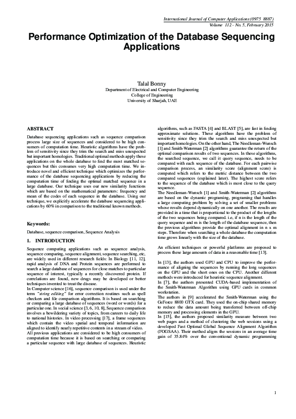 (PDF) Performance Optimization of the Database Sequencing Applications