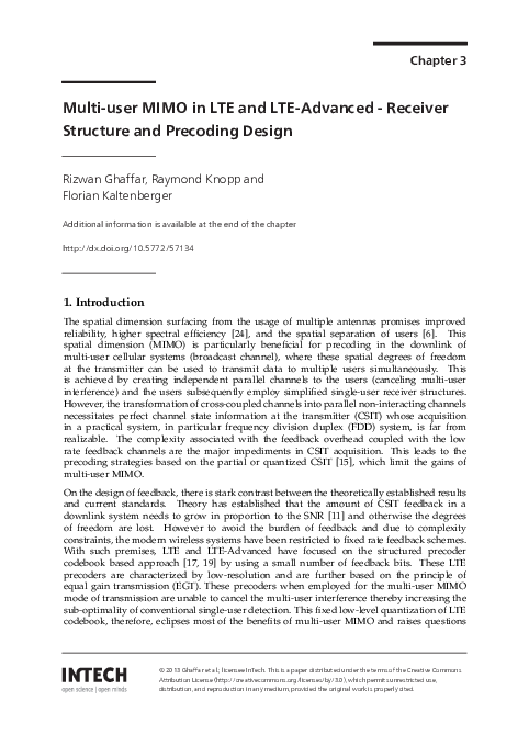 Pdf Multi User Mimo In Lte And Lte Advanced Receiver Structure And Precoding Design