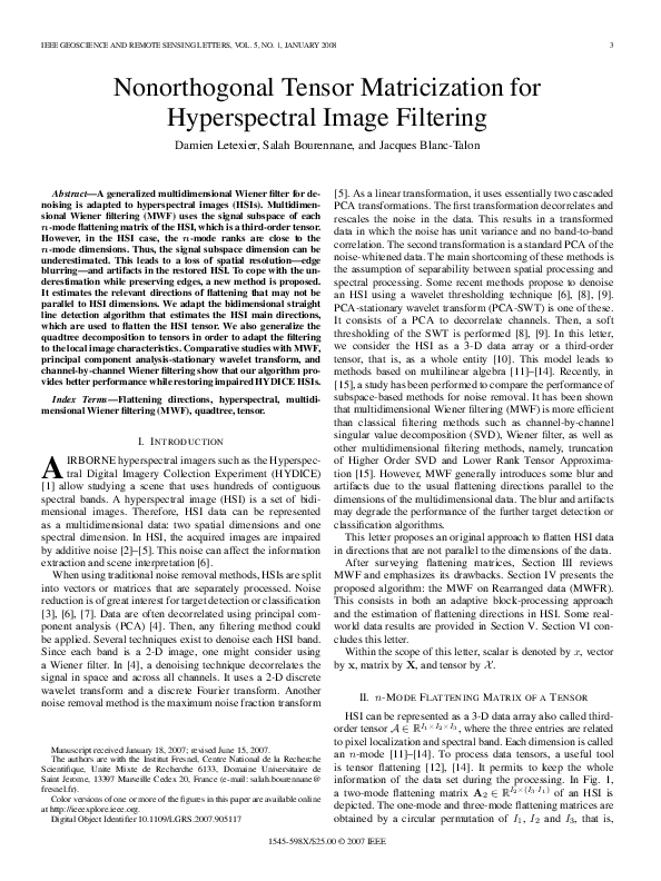 (PDF) Nonorthogonal Tensor Matricization for Hyperspectral Image Filtering