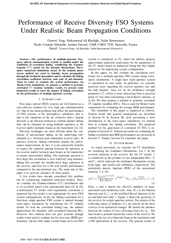 (PDF) Performance of receive diversity FSO systems under realistic beam propagation conditions