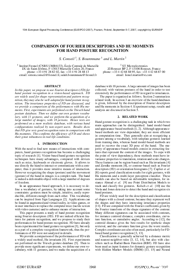 (PDF) Comparison of Fourier Descriptors and Hu Moments for Hand Posture Recognition