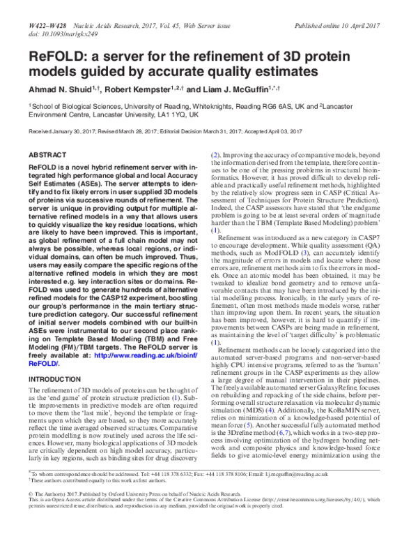 (PDF) ReFOLD: a server for the refinement of 3D protein models guided by accurate quality ...