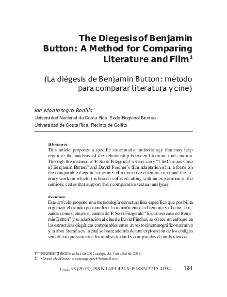 (PDF) The Diegesis of Benjamin Button: A Method for Comparing ...