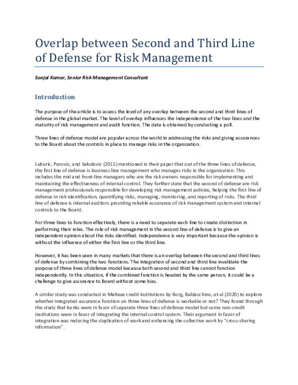 (PDF) Overlap between Second and Third Line of Defense for Risk Management