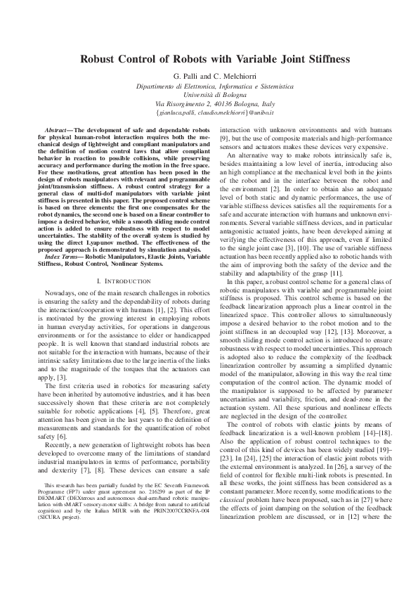 Pdf Robust Control Of Robots With Variable Joint Stiffness