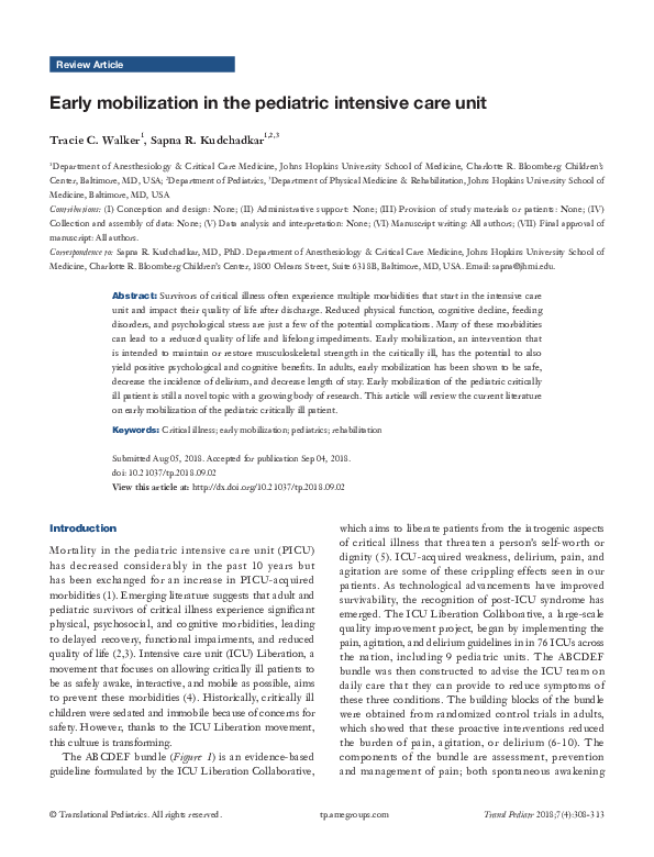 (PDF) Early Mobilization in the Pediatric Intensive Care Unit