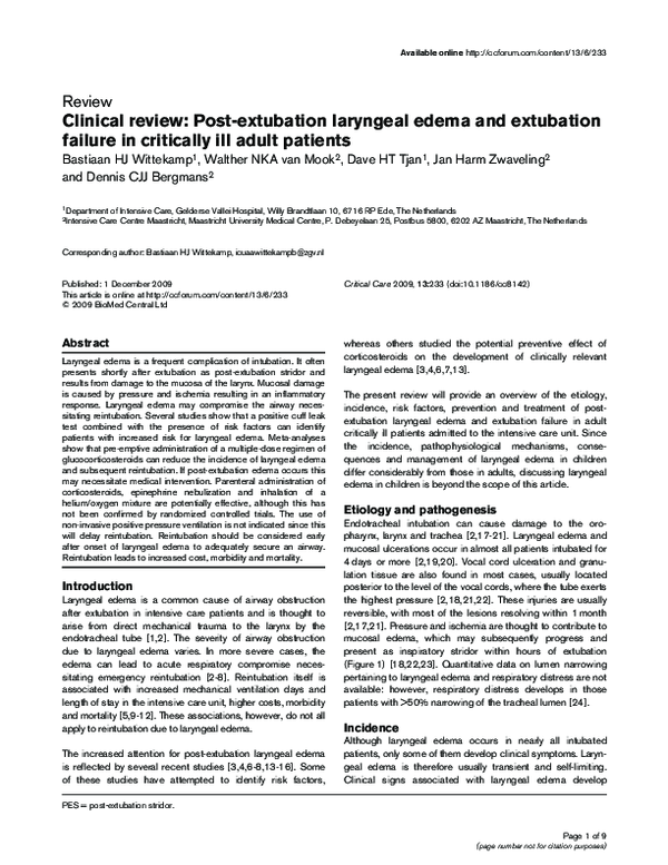 (PDF) Clinical review: Post-extubation laryngeal edema and extubation ...