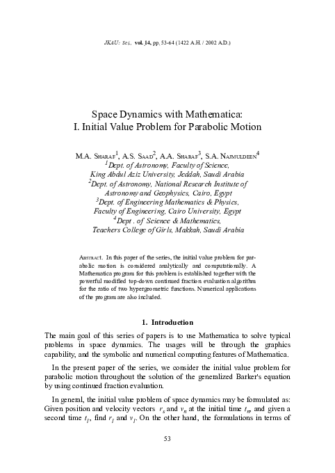Pdf Space Dynamics With Mathematica I Initial Value Problem For Parabolic Motion