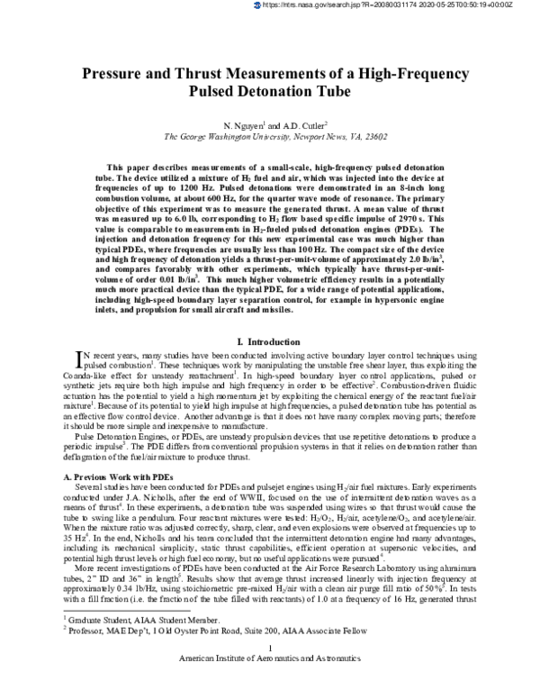 (PDF) Pressure and Thrust Measurements of a High-Frequency Pulsed ...