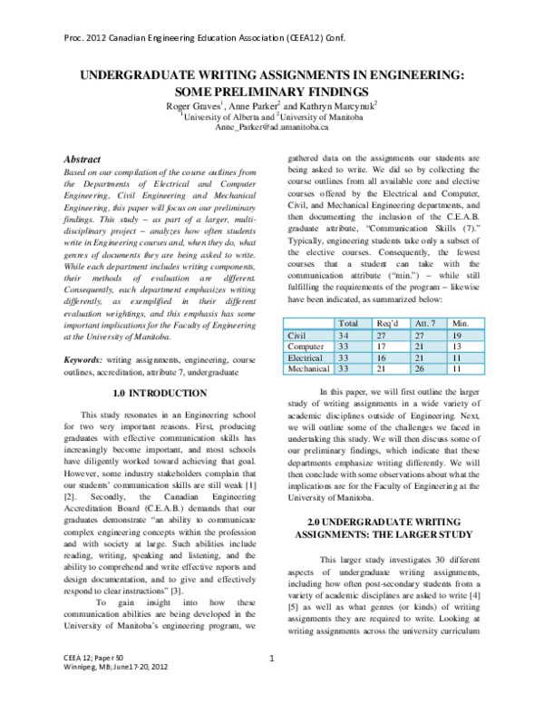 (PDF) Undergraduate Writing Assignments in Engineering: Some Preliminary Findings