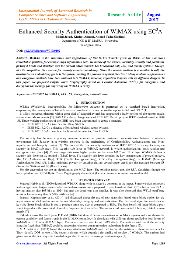 (PDF) Enhanced Security Authentication of WiMAX using EC3A