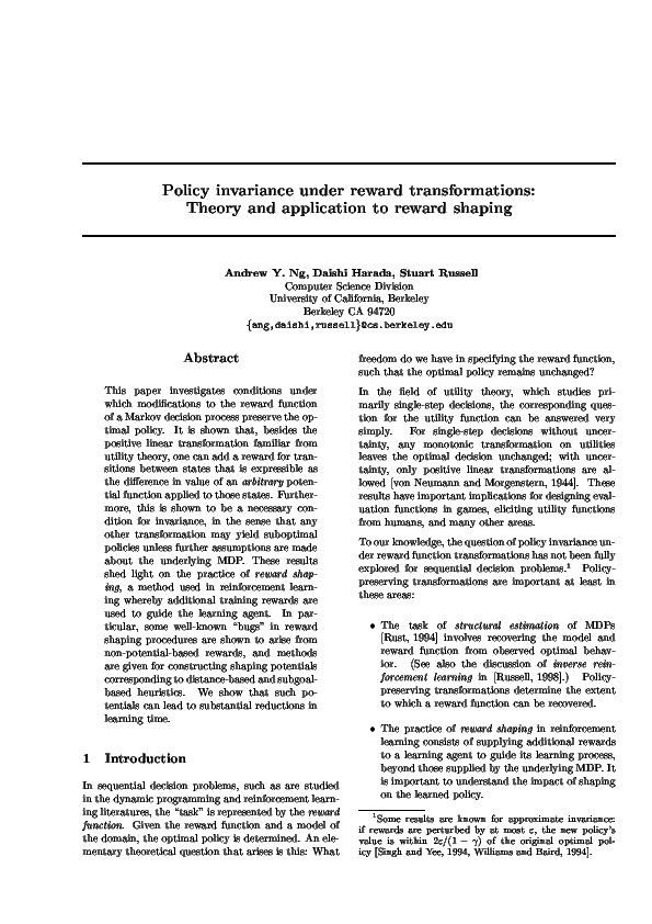 (PDF) Policy invariance under reward transformations: Theory and application to reward shaping