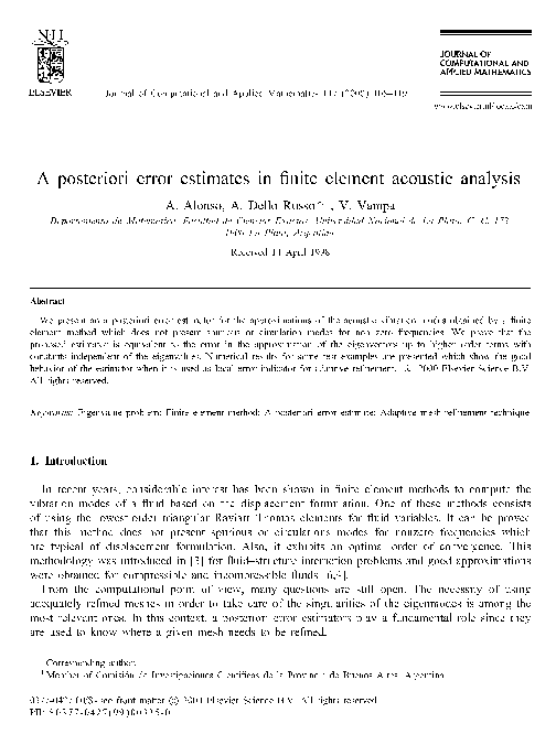 Pdf A Posteriori Error Estimates In Finite Element Acoustic Analysis