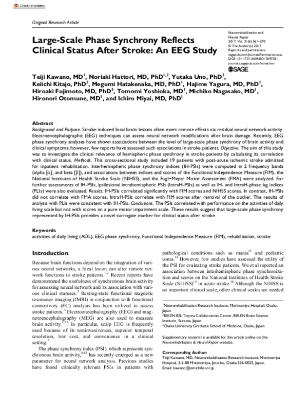 (PDF) Large-Scale Phase Synchrony Reflects Clinical Status After Stroke: An EEG Study