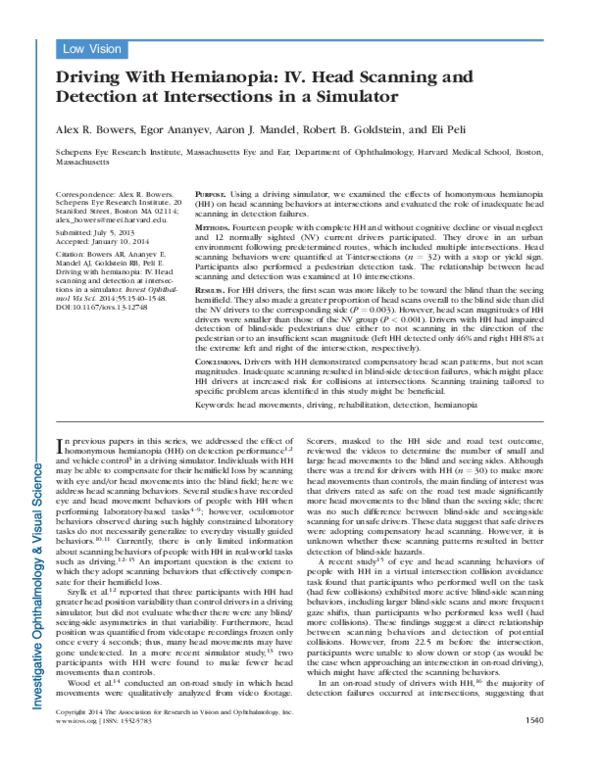 (PDF) Driving With Hemianopia: IV. Head Scanning and Detection at ...