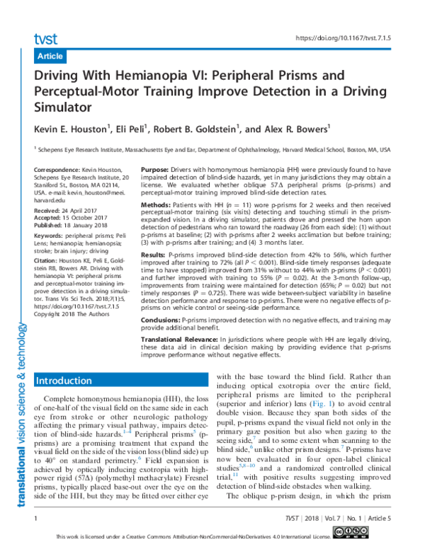 (PDF) Driving With Hemianopia VI: Peripheral Prisms and Perceptual ...