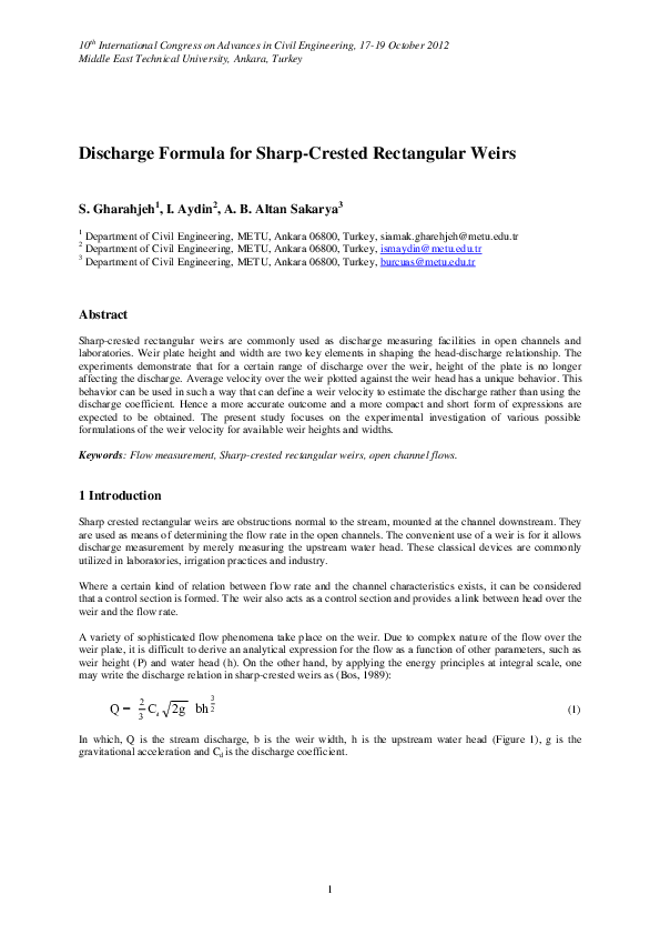 (PDF) Discharge Formula for Sharp-Crested Rectangular Weirs