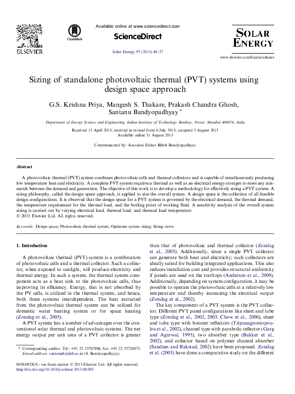 (PDF) Sizing of standalone photovoltaic thermal (PVT) systems using design space approach