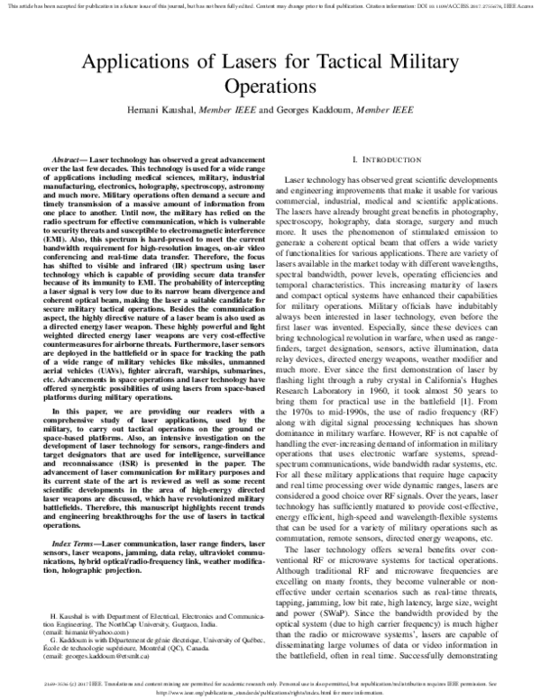 (PDF) Applications of Lasers for Tactical Military Operations