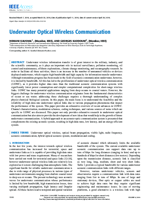 Pdf Underwater Optical Wireless Communication