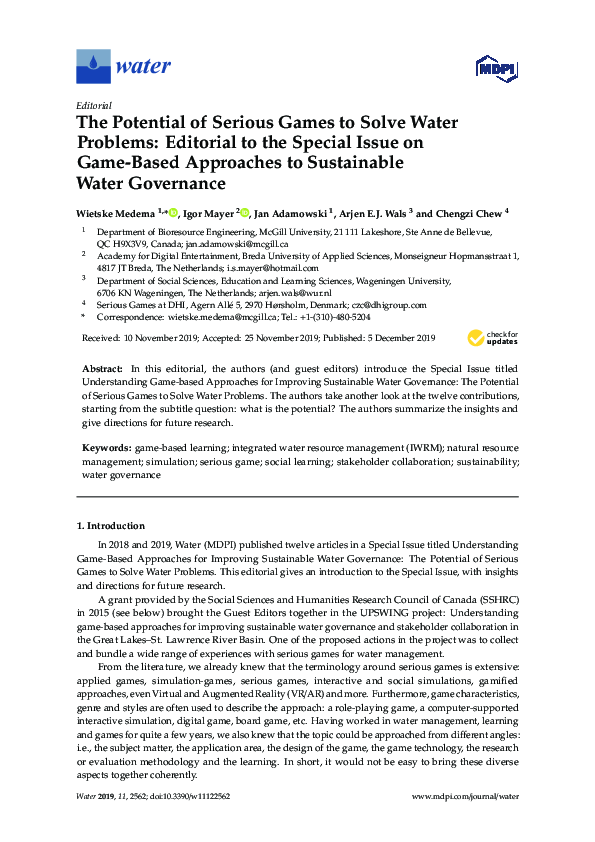 (PDF) The Potential of Serious Games to Solve Water Problems: Editorial ...