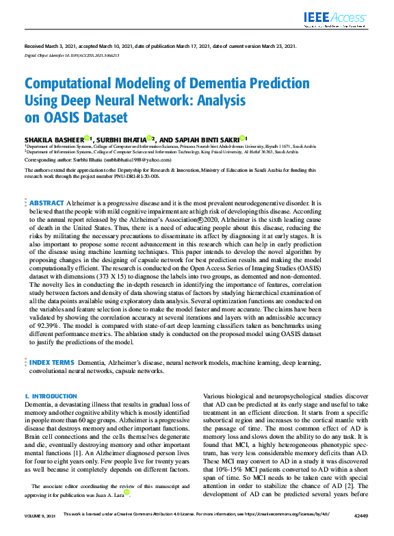Pdf Computational Modeling Of Dementia Prediction Using Deep Neural