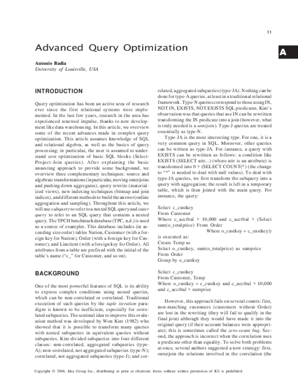 (PDF) Techniques for Optimizing Complex SQL Queries