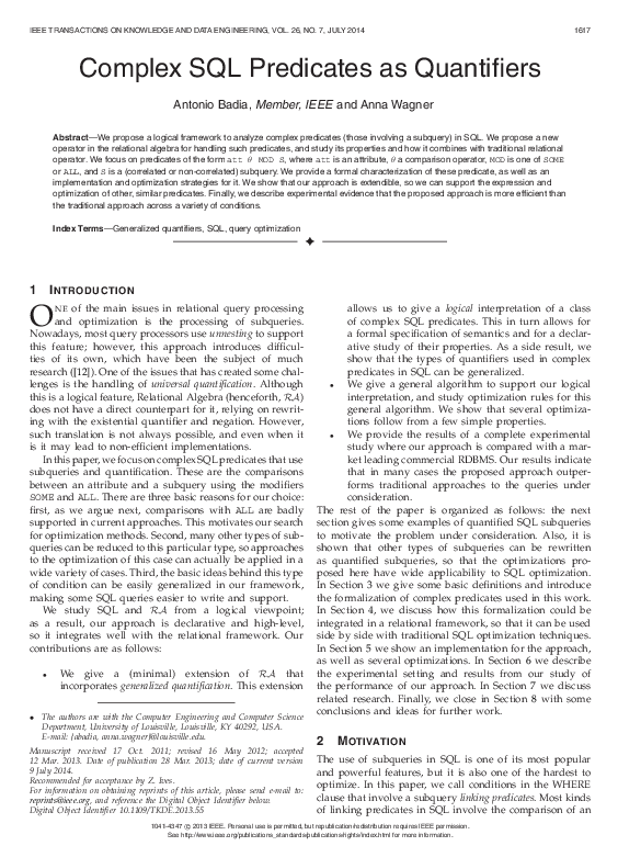 (PDF) Complex SQL Predicates as Quantifiers