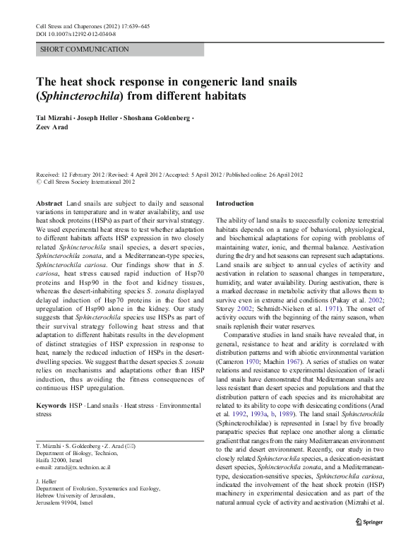 (PDF) The heat shock response in congeneric land snails ...