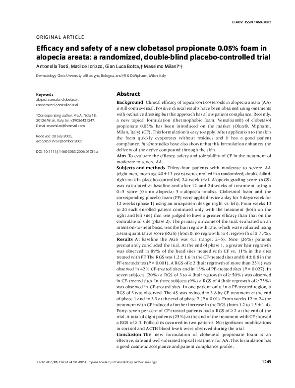 (PDF) Efficacy and safety of a new clobetasol propionate 0.05% foam in alopecia areata: a ...