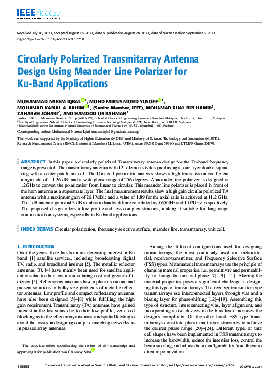 (PDF) Circularly Polarized Transmitarray Antenna Design Using Meander Line Polarizer for Ku-Band ...