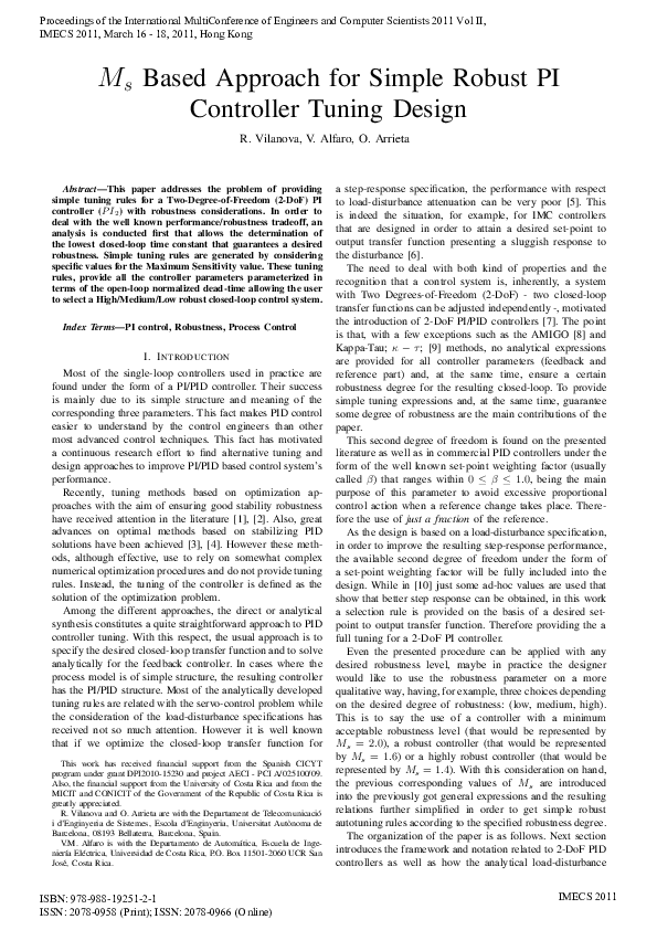 Pdf Ms Based Approach For Simple Robust Pi Controller Tuning Design