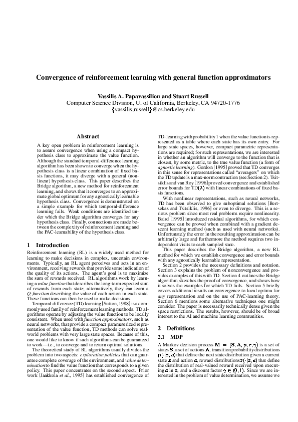 (PDF) Convergence of reinforcement learning with general function approximators