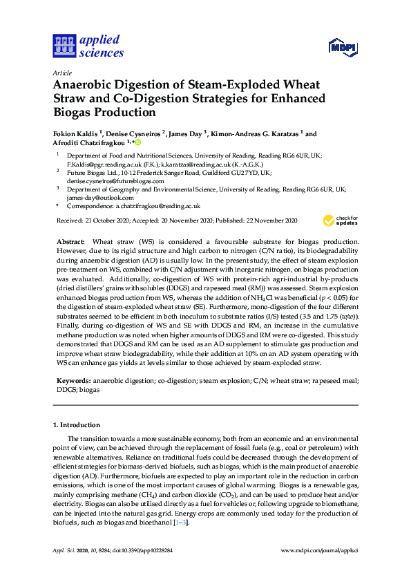 (PDF) Anaerobic Digestion of Steam-Exploded Wheat Straw and Co-Digestion Strategies for Enhanced ...