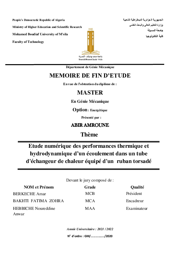(PDF) Département de Génie Mécanique MEMOIRE DE FIN D'ETUDE En vue de l'obtention du diplôme de ...