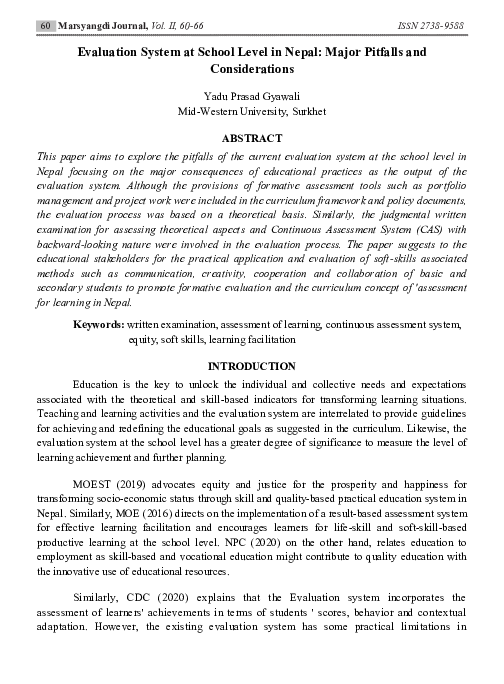 (PDF) Evaluation System at School Level in Nepal: Major Pitfalls and ...