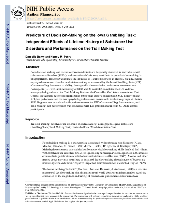 (PDF) Predictors of decision-making on the Iowa Gambling Task ...