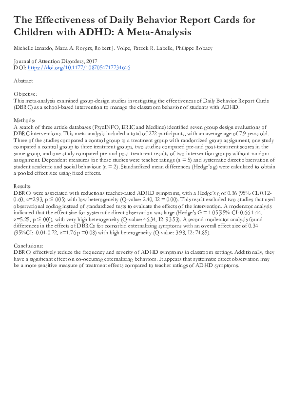 (PDF) The Effectiveness of Daily Behavior Report Cards for Children ...
